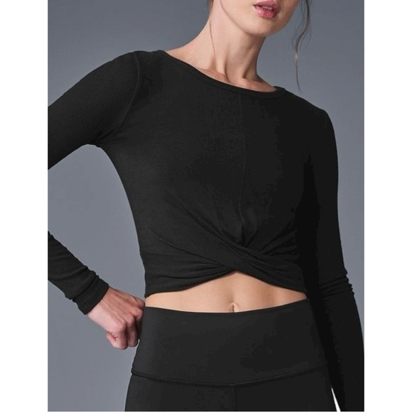ALO Yoga | Tops | Alo Cover Long Sleeve Top Black Wrap Front Ribbed ...